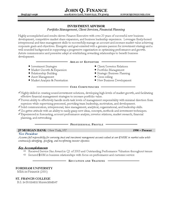 Investment Advisor Resume Example