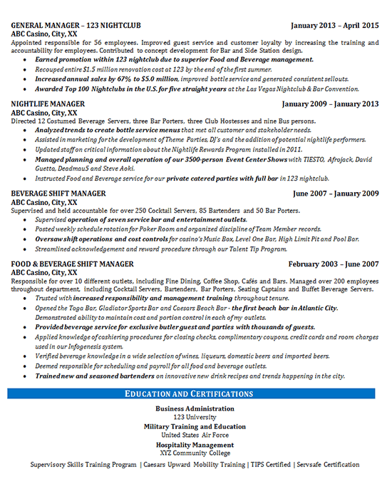 Food Beverage Manager Resume Example Restaurant Bar Sales