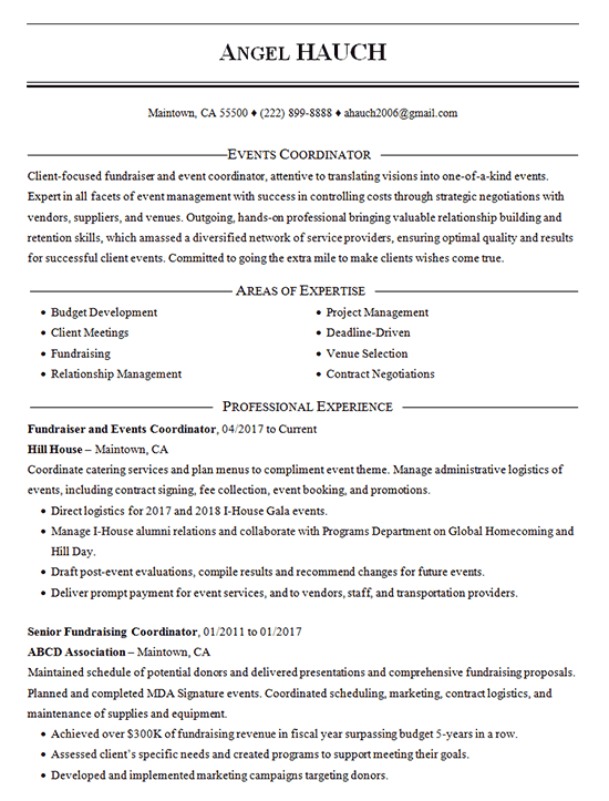 Events Coordinator Resume Example Fundraising Budget Management