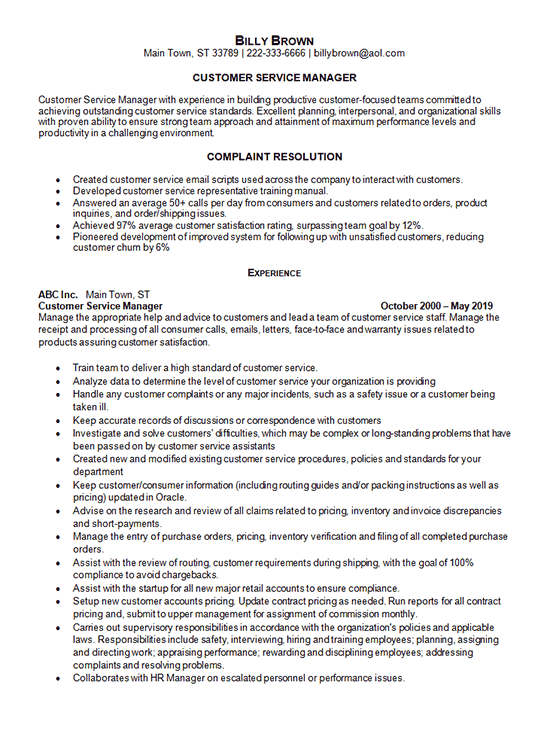 Customer Service Manager Resume Example Team Leader